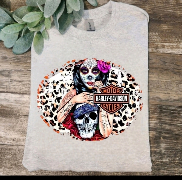 Gildan | Tops | Biker Shirt Harley Sugar Skull Cute Popular Motorcycle ...